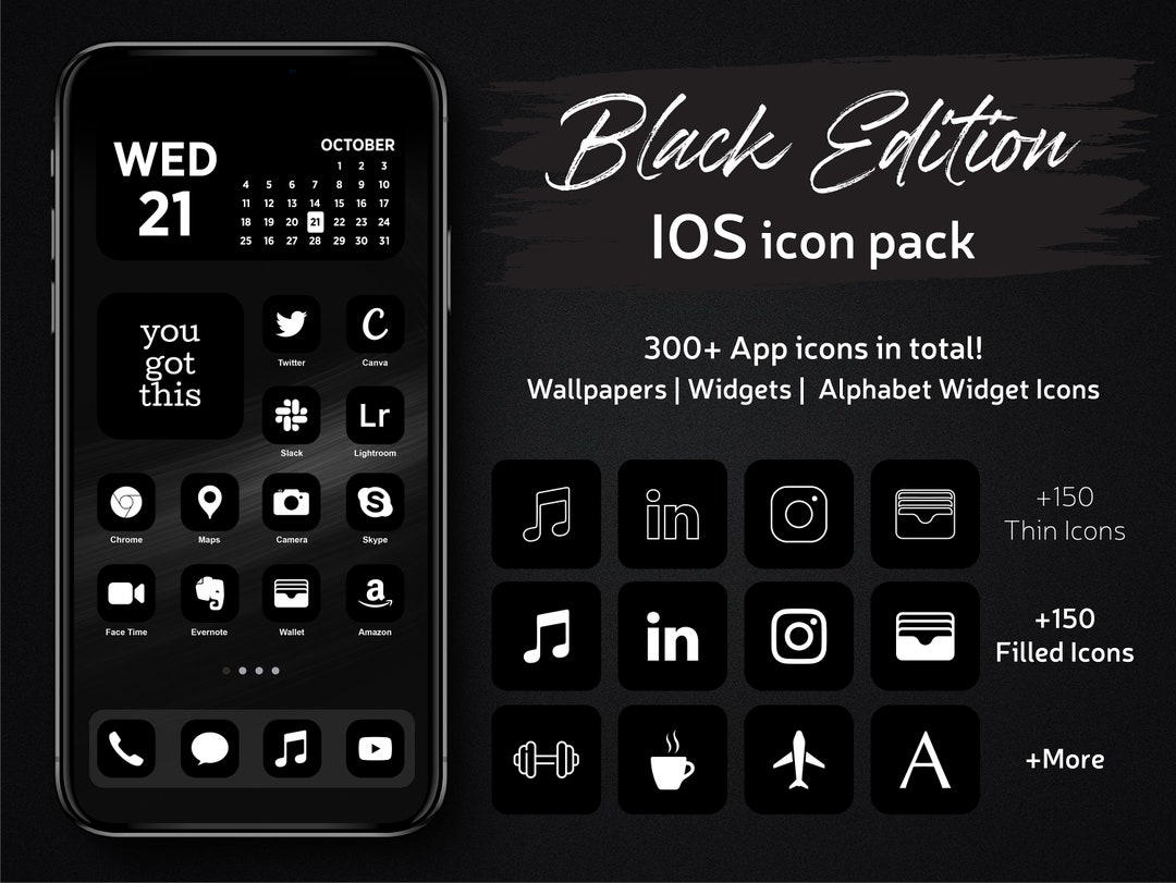 Black Edition App Icons Pack for Iphone Ios Minimal Black App - Etsy
