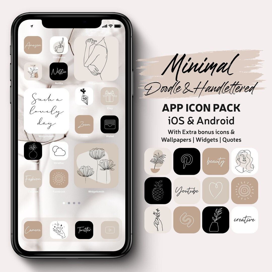 IPhone Ios 16 App Icon Pack, Minimal Doodle & Handlettered Theme, Cream ...