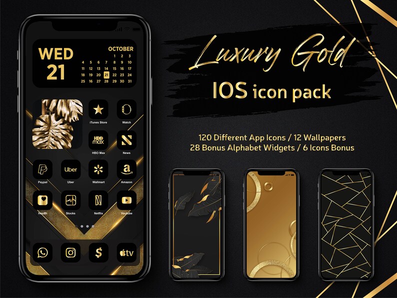 Luxury Gold Black Icon Pack for Iphone IOS 16 Ios 15 Black - Etsy