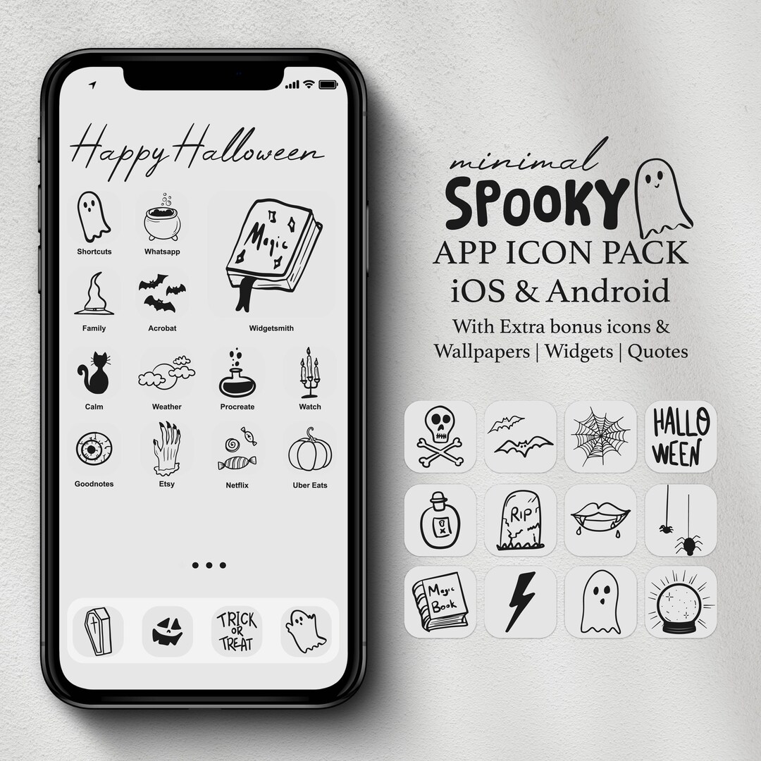 Spooky Halloween Minimal App Icon Pack, White Black Phone App Covers ...