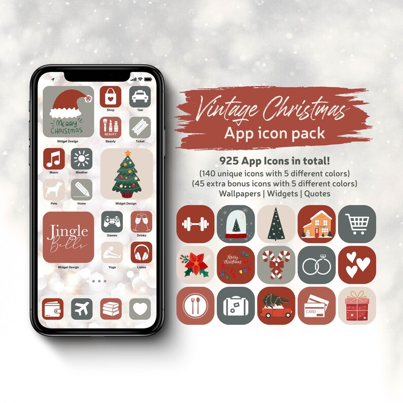 Vintage Christmas App Icon Bundle, Cute Holiday Home Screen Wallpapers ...