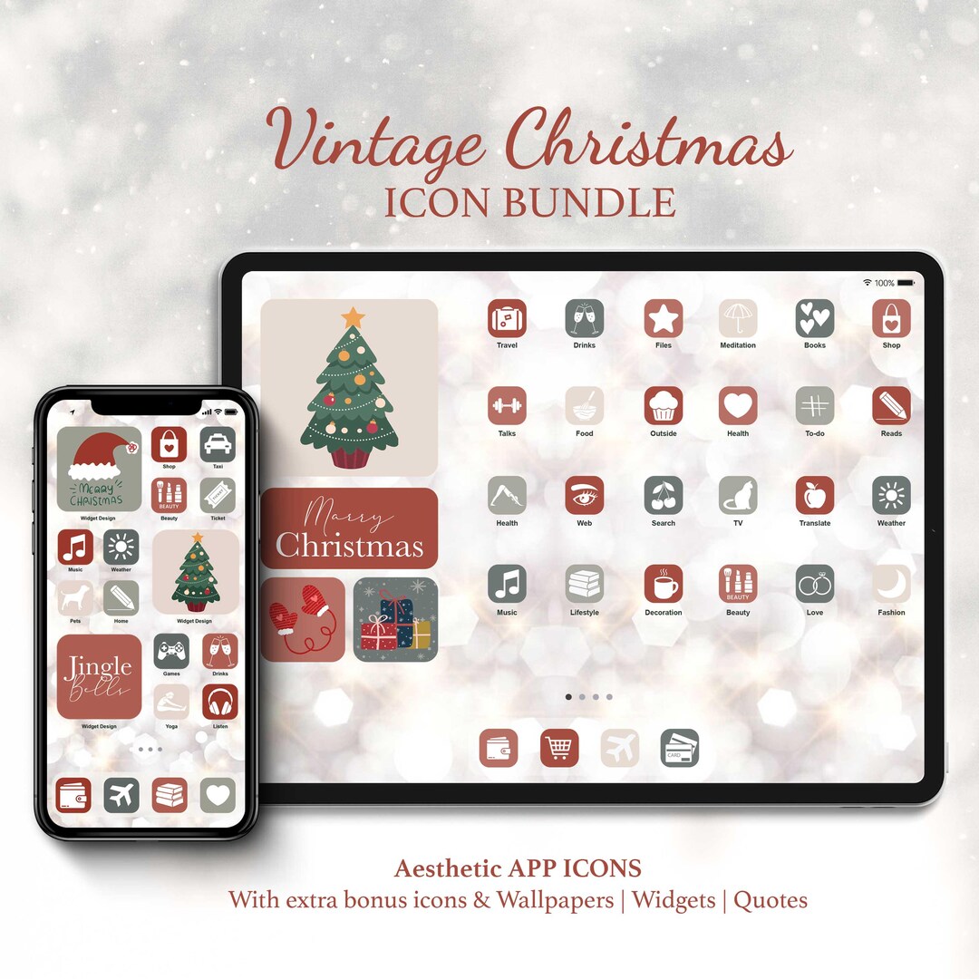 Vintage Christmas App Icon Bundle, Cute Holiday Home Screen Wallpapers ...