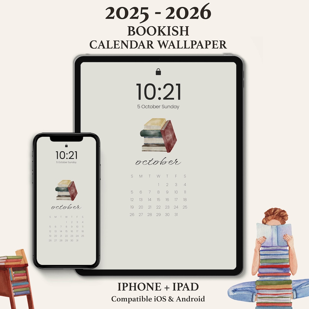 2025-2026 Digital Calendar Bookish Wallpapers, iPad Lockscreen Monthly ...