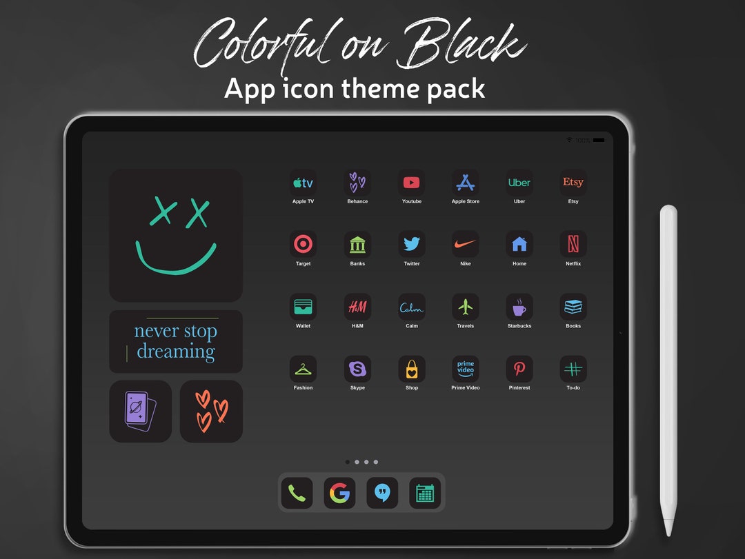 Black iPad App Icon Pack, Colorful on Black iPad Theme, Dark Mode App Icons, Android Tablet App ...