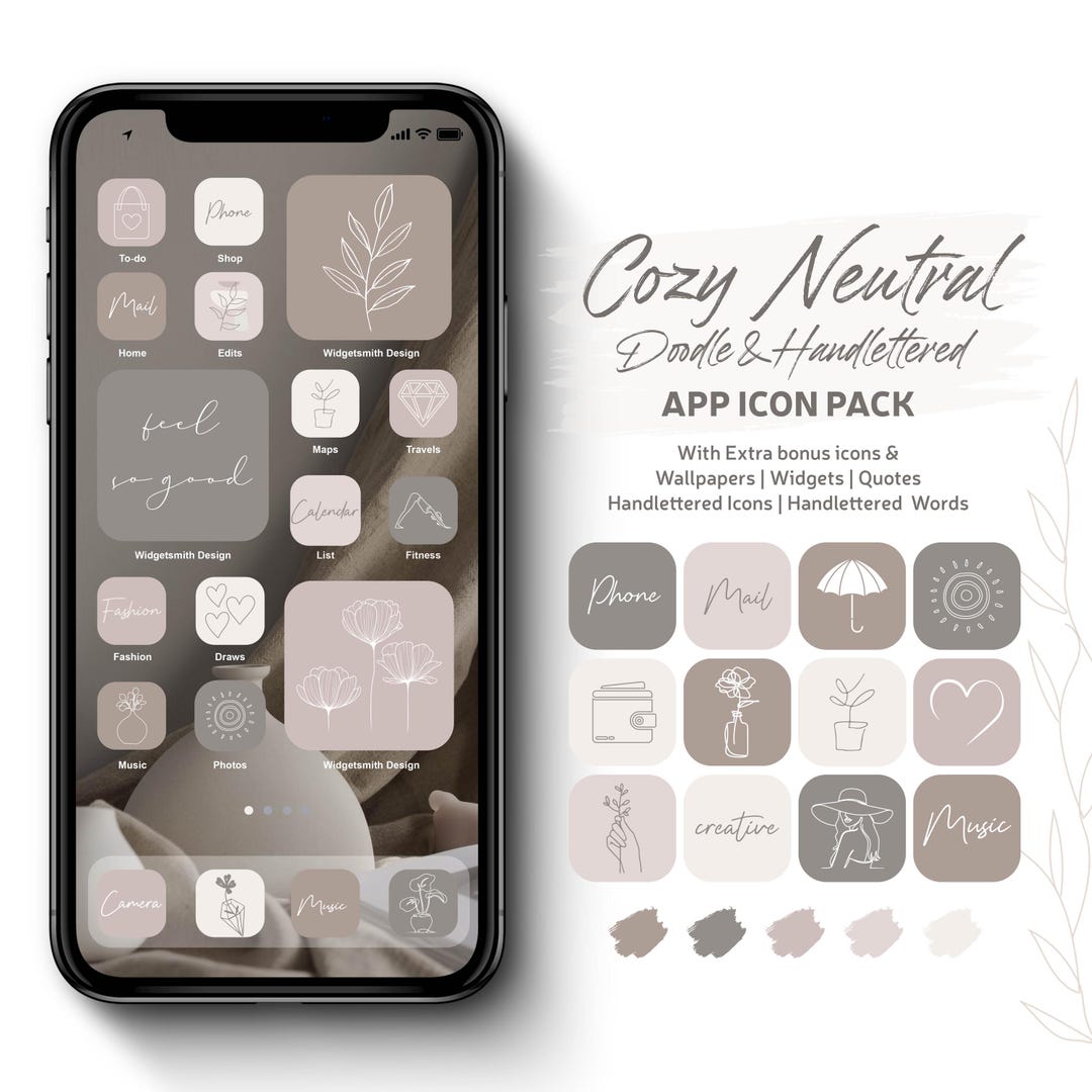 Cozy Doodle Neutral App Icons, Hand Drawn Soft Boho Aesthetic, Beige ...