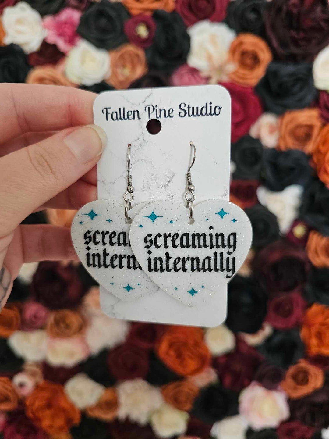 Screaming Internally White Glitter Hearts Acrylic Earrings, Laser Cut ...