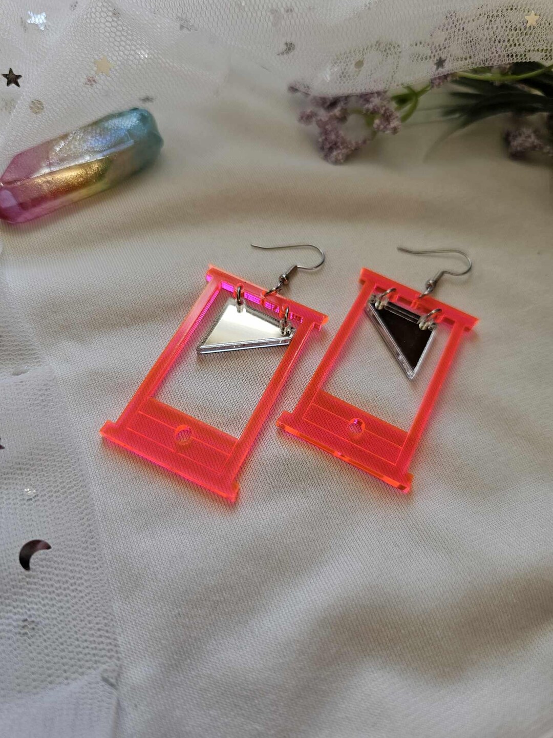 Neon Fluorescent Pink Guillotines Acrylic Earrings, Laser Cut Earrings ...