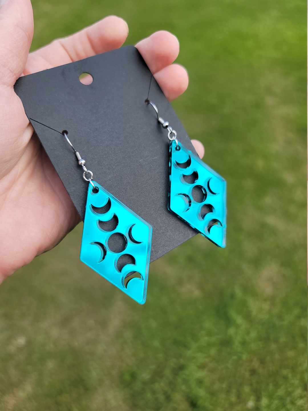 Teal Moon Phase Diamond Mirror Acrylic earrings, laser cut moon phrase ...