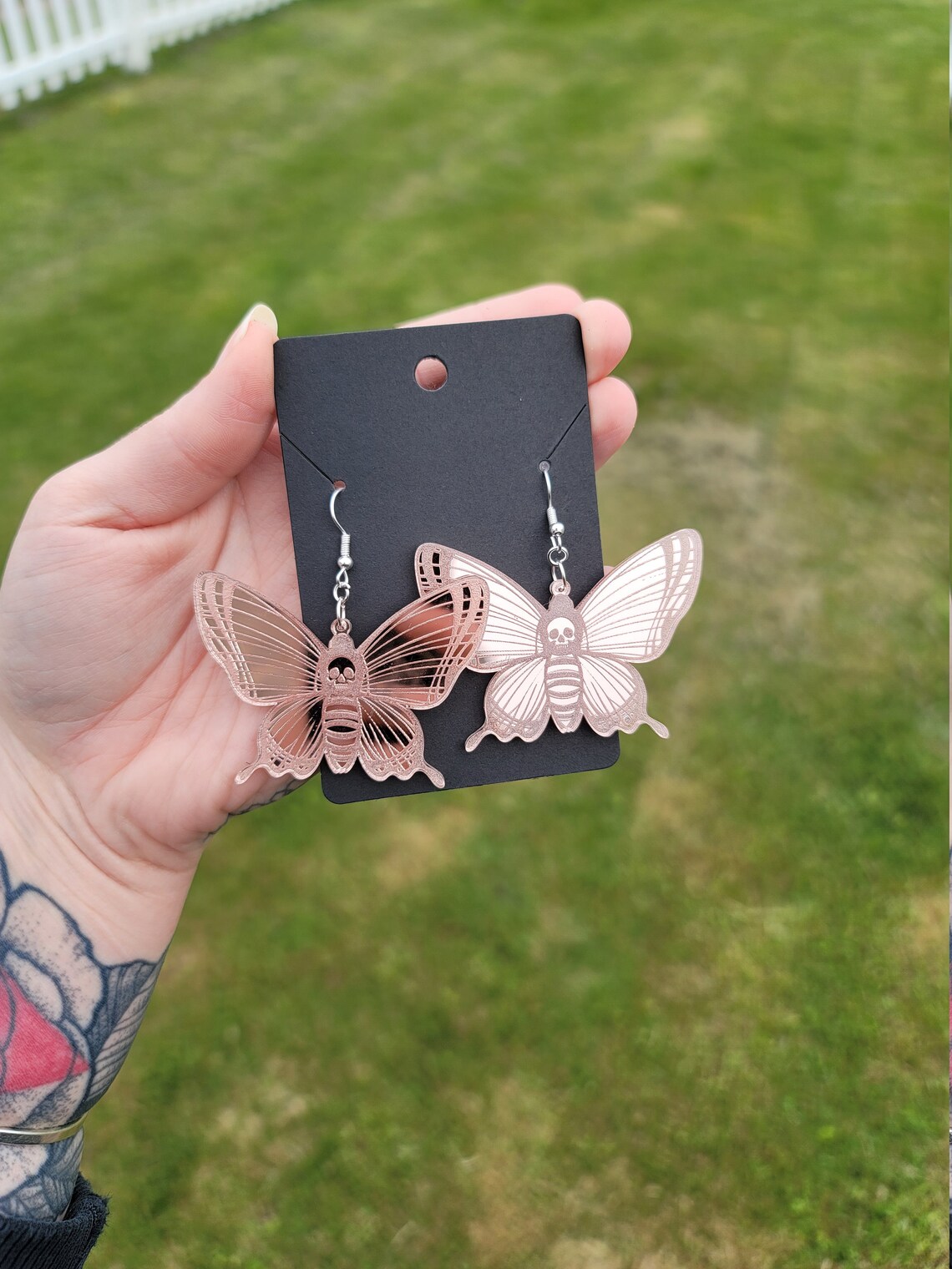 Rose Gold Deathhead Moth laser engraved earrings bug | Etsy
