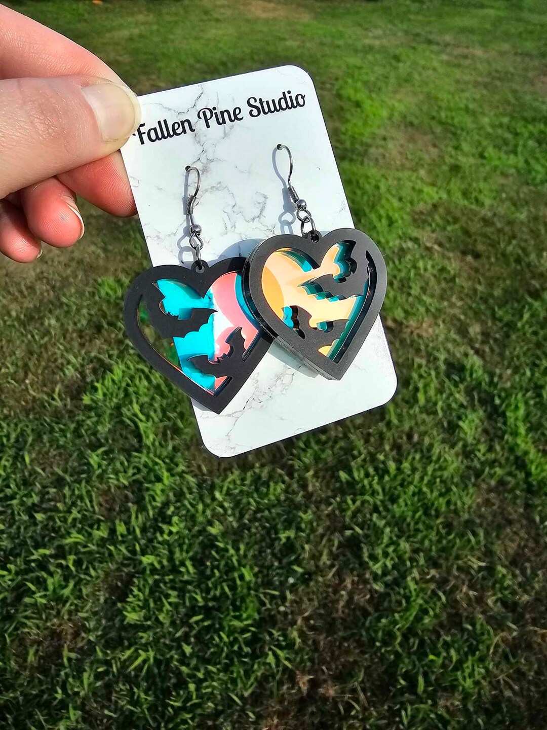 Iridesecent and Black Bat Heart Laser Cut Acrylic Earrings, Halloween ...