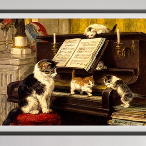 Cat Painting Watercolor Printable, Cat Wall Art, Vintage Cat Print, Cats on A Piano, Digital ...