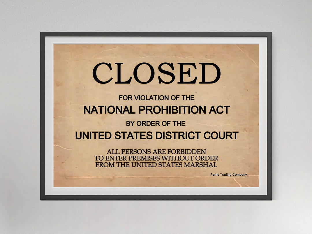 Closed National Prohibition Act Sign Print, Bar Cart Poster, Vintage ...