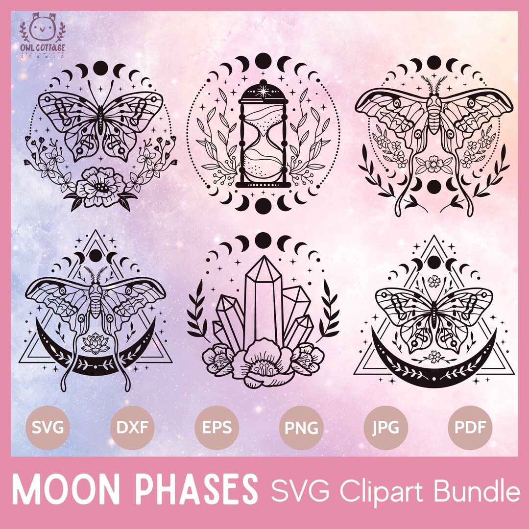 Moon Phases SVG Clipart Bundle Witchy Tattoo Designs, Boho Svg ...