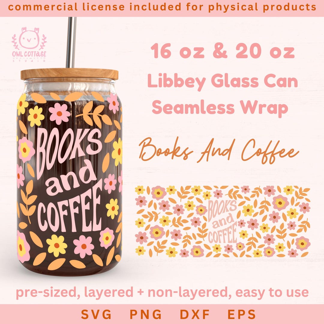 Book Lover Wrap for Libbey Glass Can 16 Oz, 20 Oz, Books and Coffee ...
