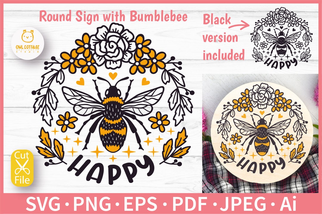 Bee Happy SVG Boho Illustration Cut File Farmhouse Sign Wit - Etsy