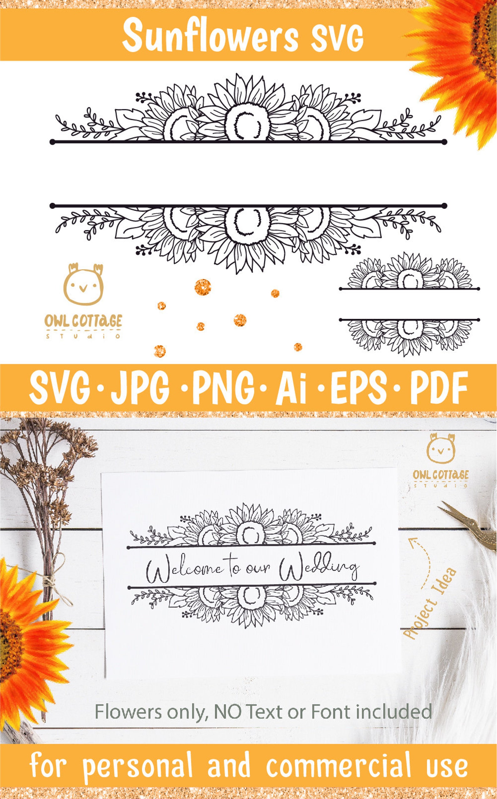 Sunflowers Split Border Monograms Set svg floral monograms | Etsy