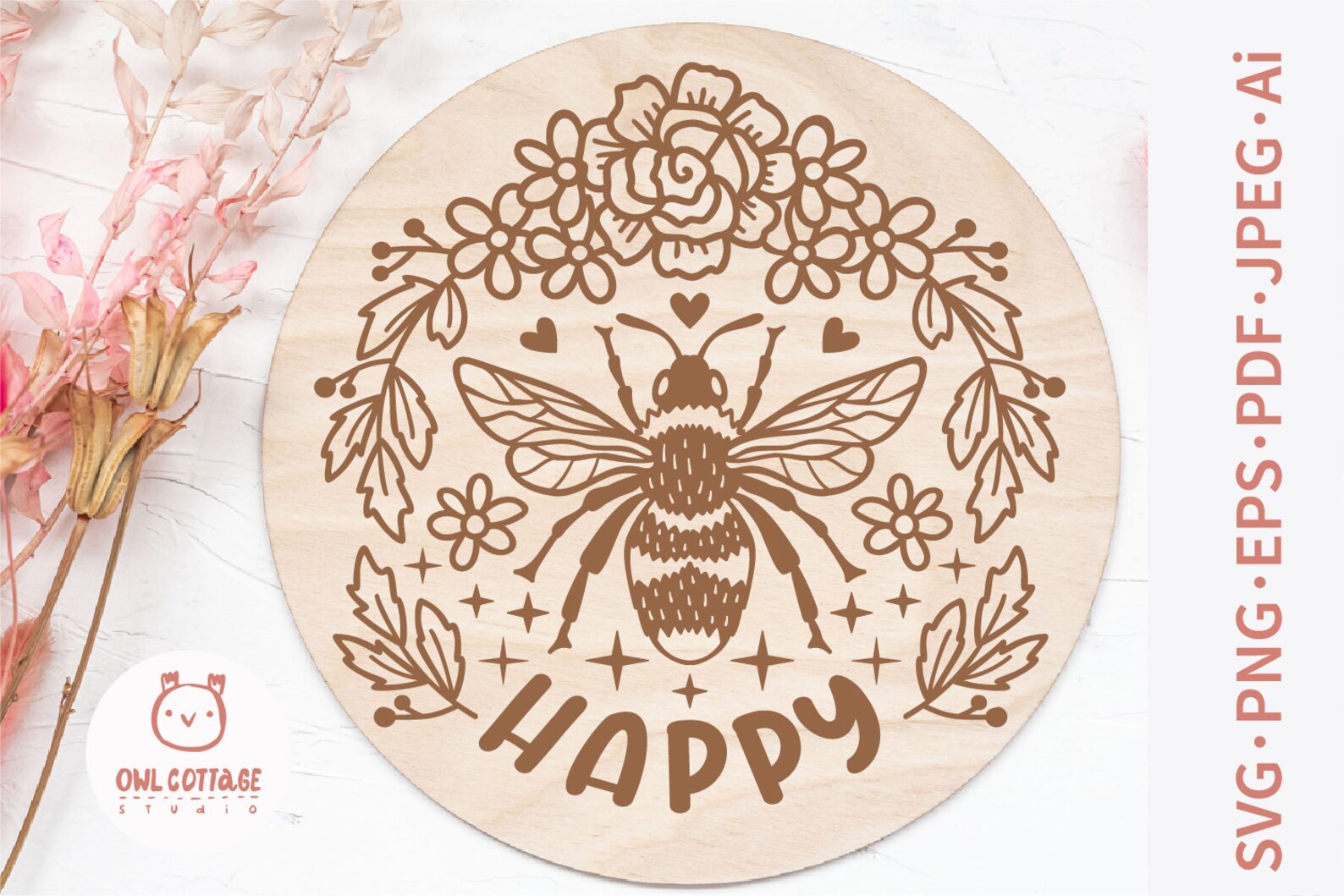 Bee Happy SVG Boho Illustration Cut File Farmhouse Sign Wit - Etsy