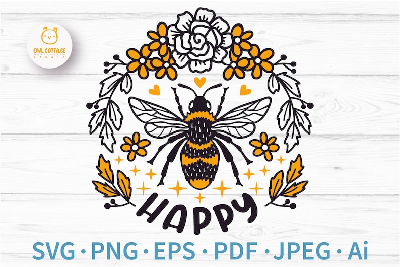 Bee Happy SVG Boho Illustration Cut File Farmhouse Sign Wit - Etsy