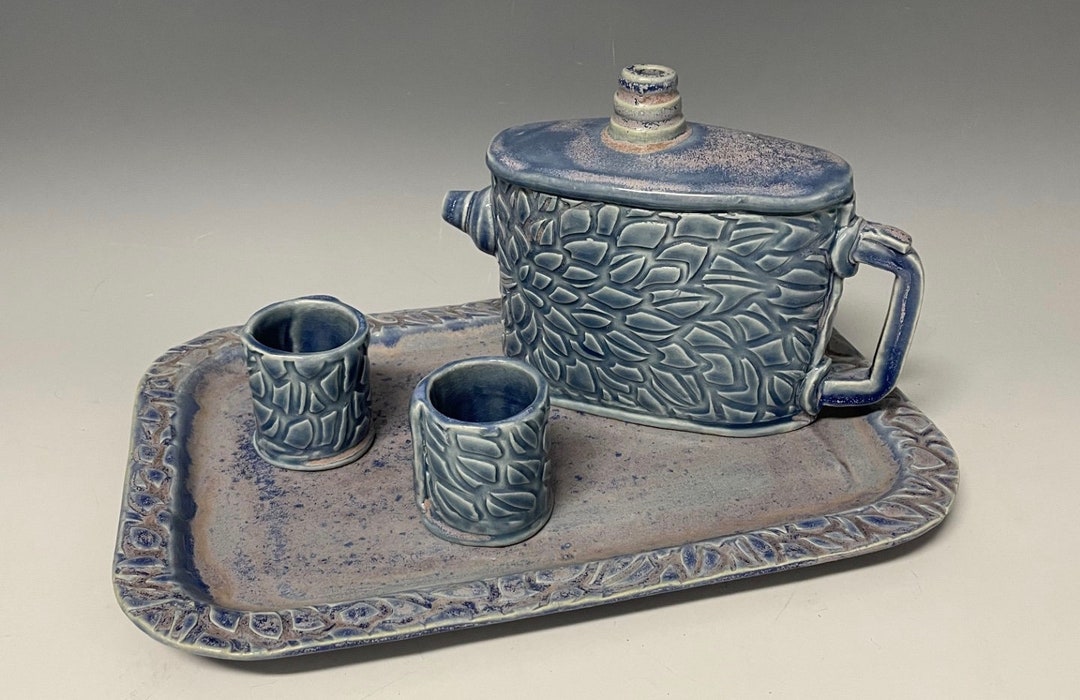 Blue Teapot/pouer Set With Cups and Tray - Etsy