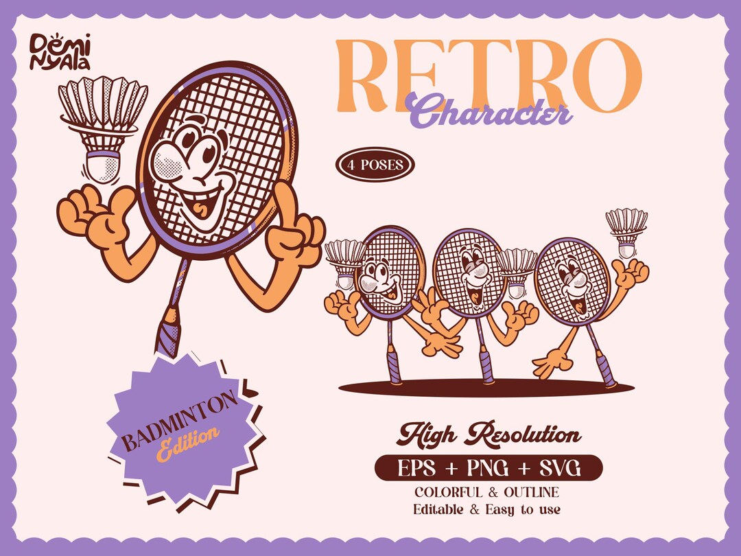 Retro Badminton Racket Character. Vintage Cartoon Mascot Illustration ...