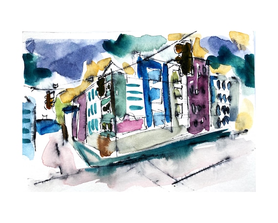 Colorful City Sketch Watercolor Print City Art Print | Etsy