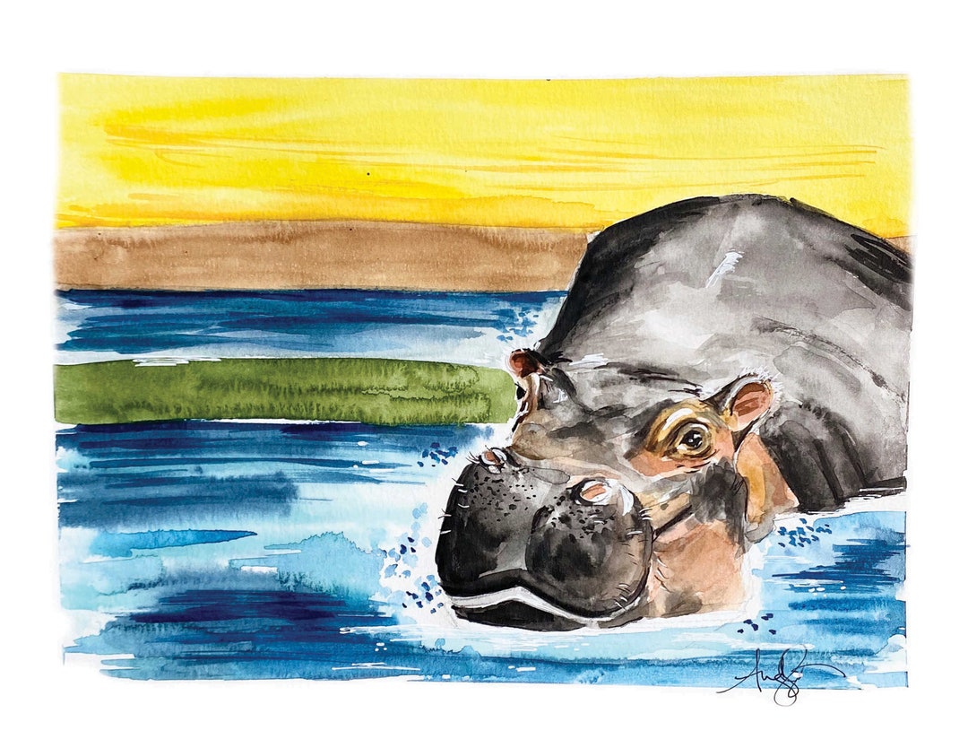 Hippo Watercolor, Hippo Art, Hippopotamus Watercolor, Fiona Hippo ...