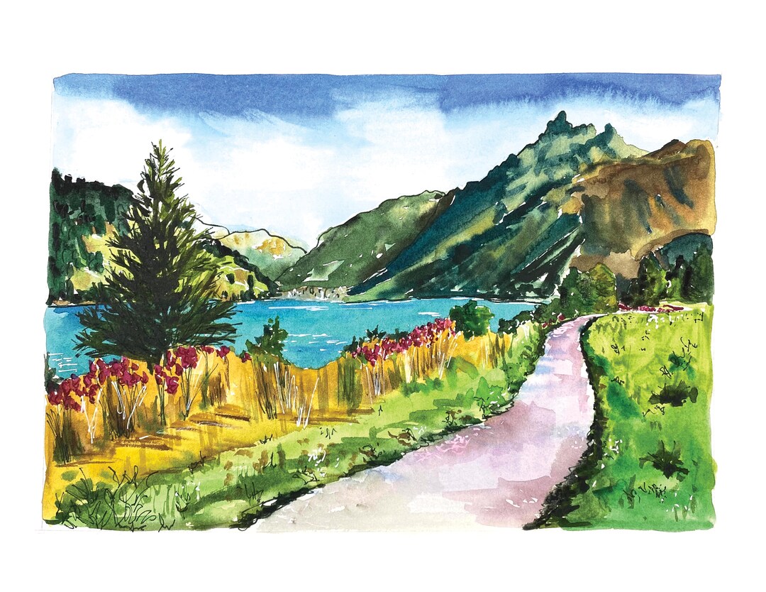Mountain Path, Lake by Mountains, Mountain Art Print, Landscape Art ...