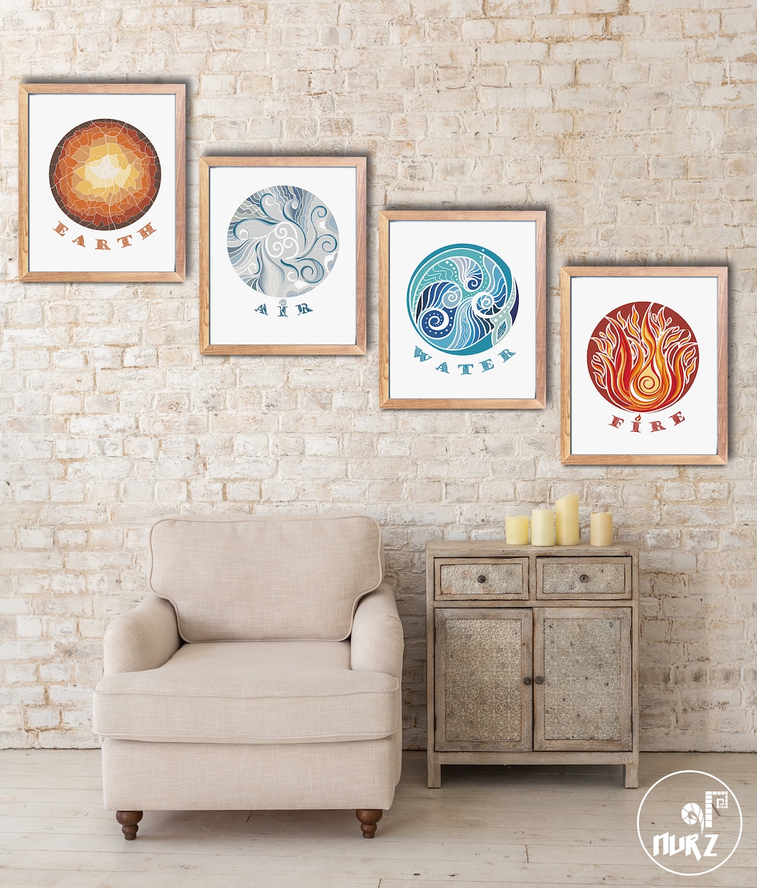 Four Elements Art Print | Air, Water, Earth, and Fire Poster | Set of 4 ...