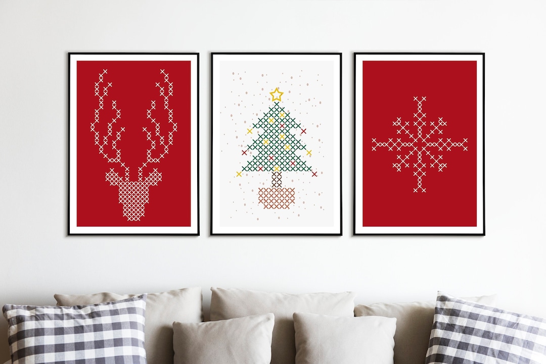 Cross Stitch Christmas Poster Set: Holiday Wall Art (digital Download ...