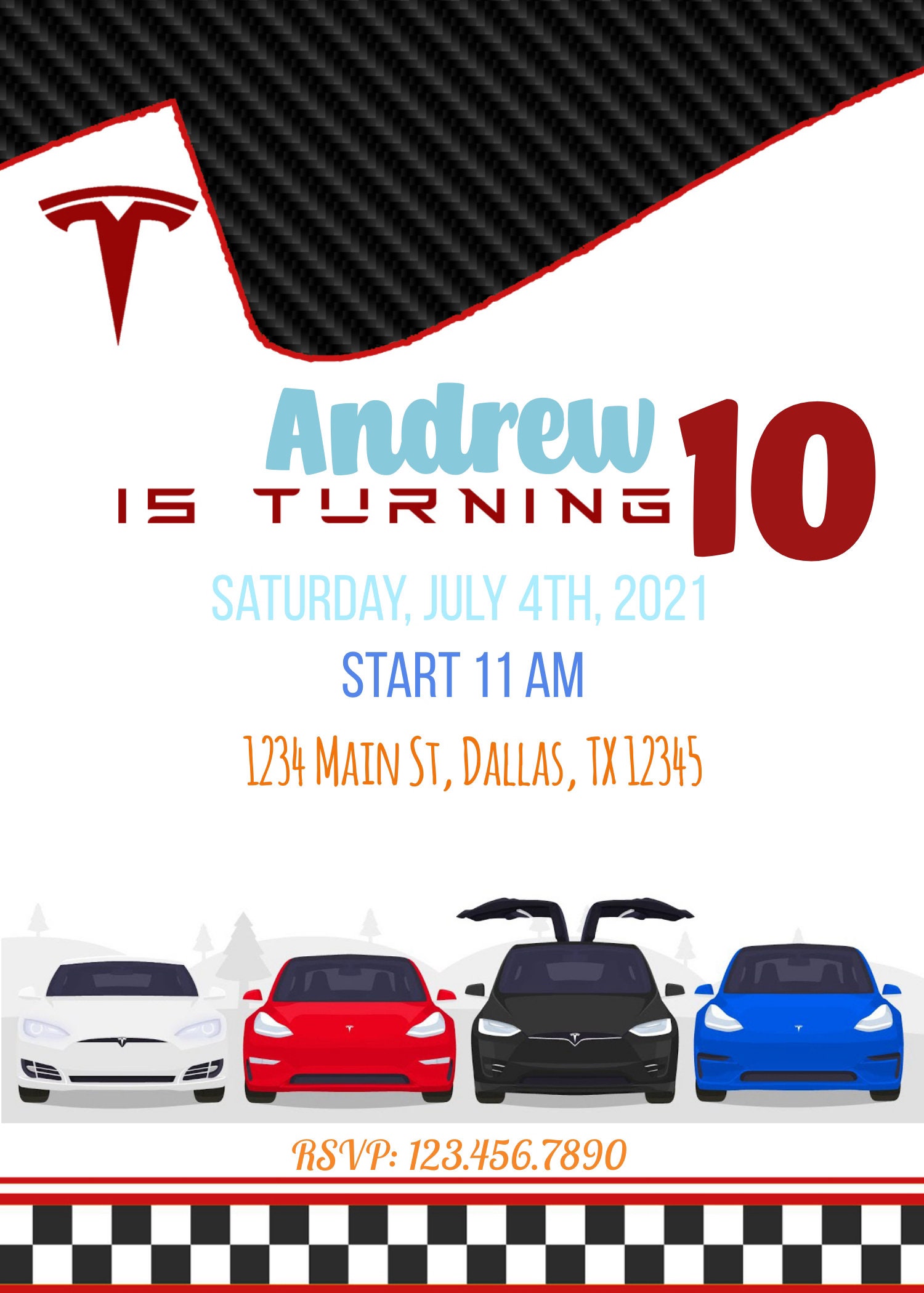 Birthday Tesla Party. 5x7 In. Carbon Custom Invitation. Birthday ...