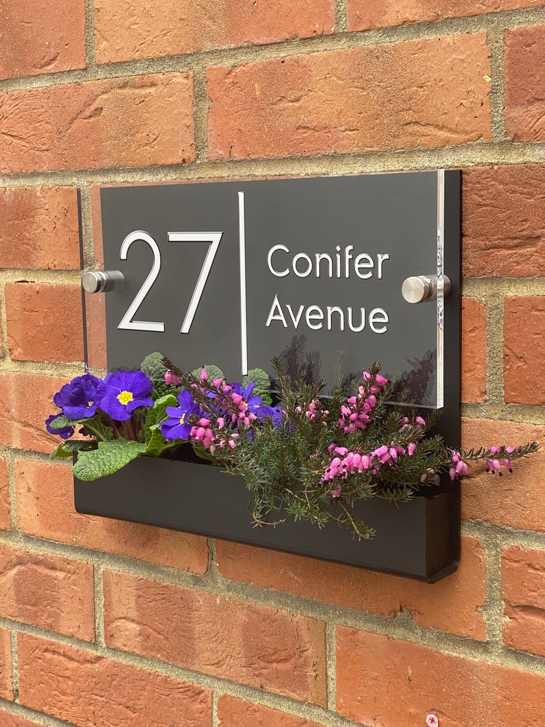 Black Flower Planter House Number Sign - Etsy UK