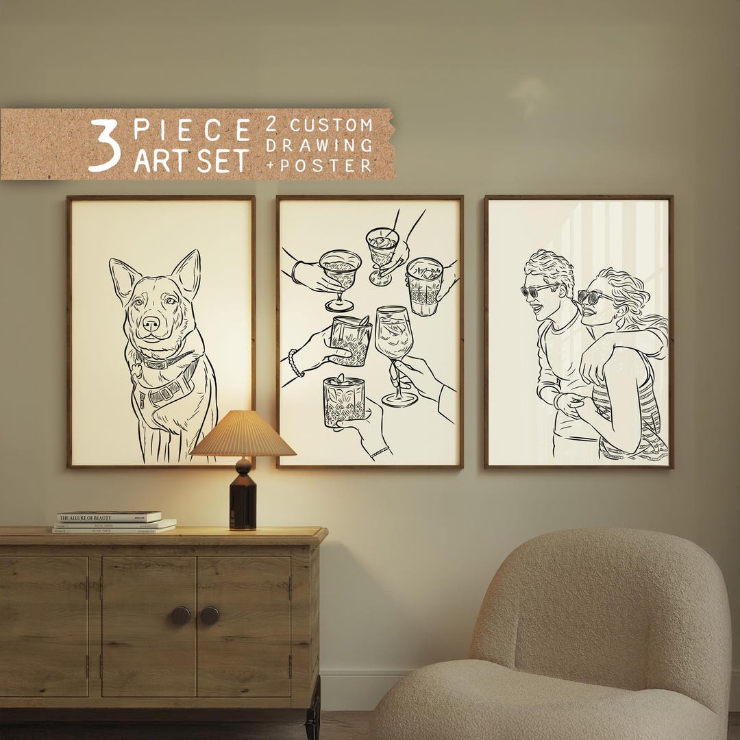 Custom 3 Piece Art Set | Family Pet Portrait & Couple Line Drawing ...