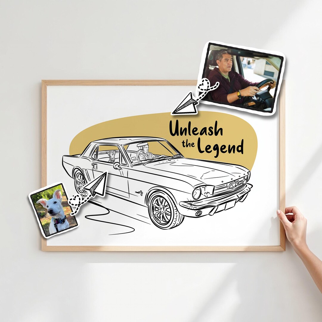 Custom Car Portrait for Him | Family Line Art With Pets | Personalized ...
