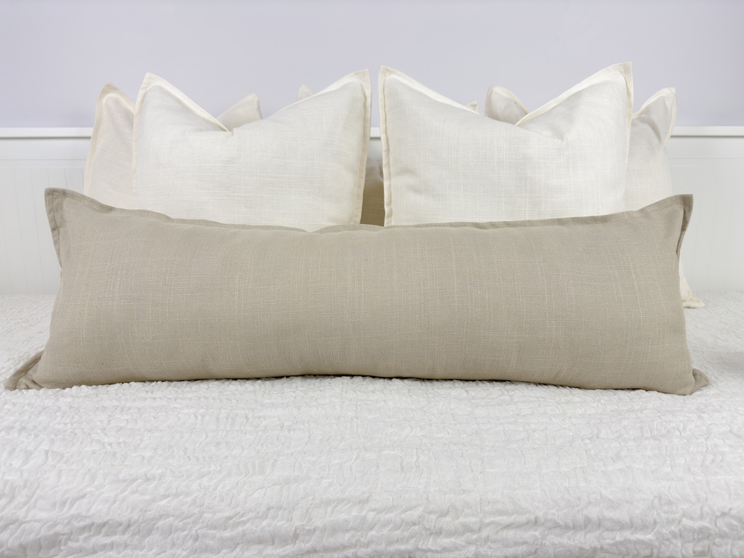 Natural Beige Linen Lumbar Pillow Cover Flanged Linen Ivory Long Pillow ...