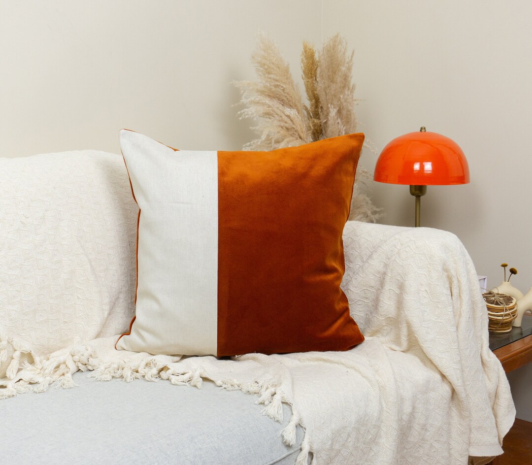 Velvet Burnt Orange and Cream Colorblock Pillow Cover for Home Decor ...