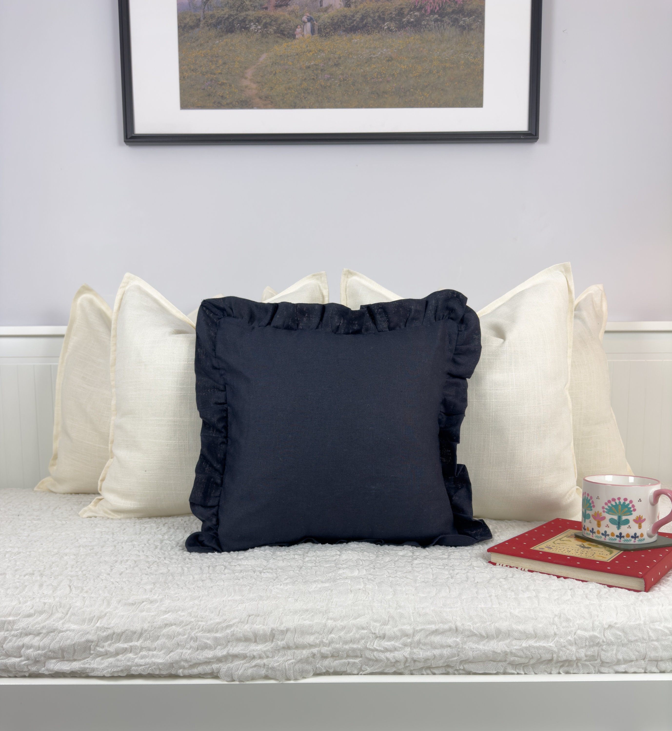Natural Linen Dark Blue Ruffle Pillow Cover Navy Blue Pillow for Home ...