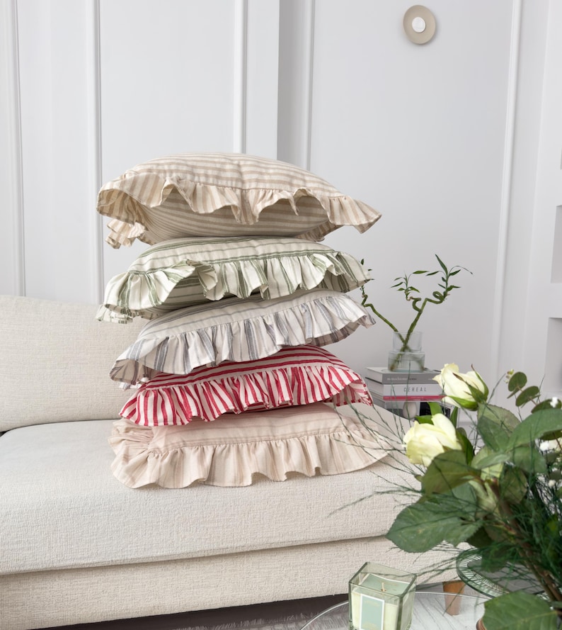 Organic Cotton Ruffled Pillowcase With Ruffle Linen Textured Cushion ...