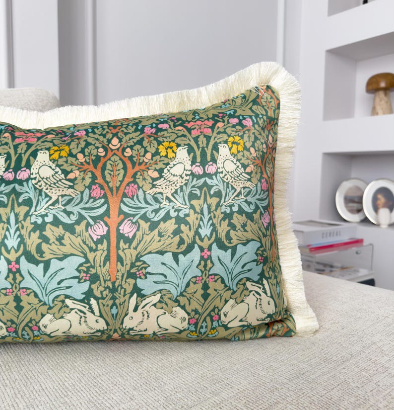 William Morris Brer Rabbit Velvet Lumbar Pillow Cover With Cream Fringe ...
