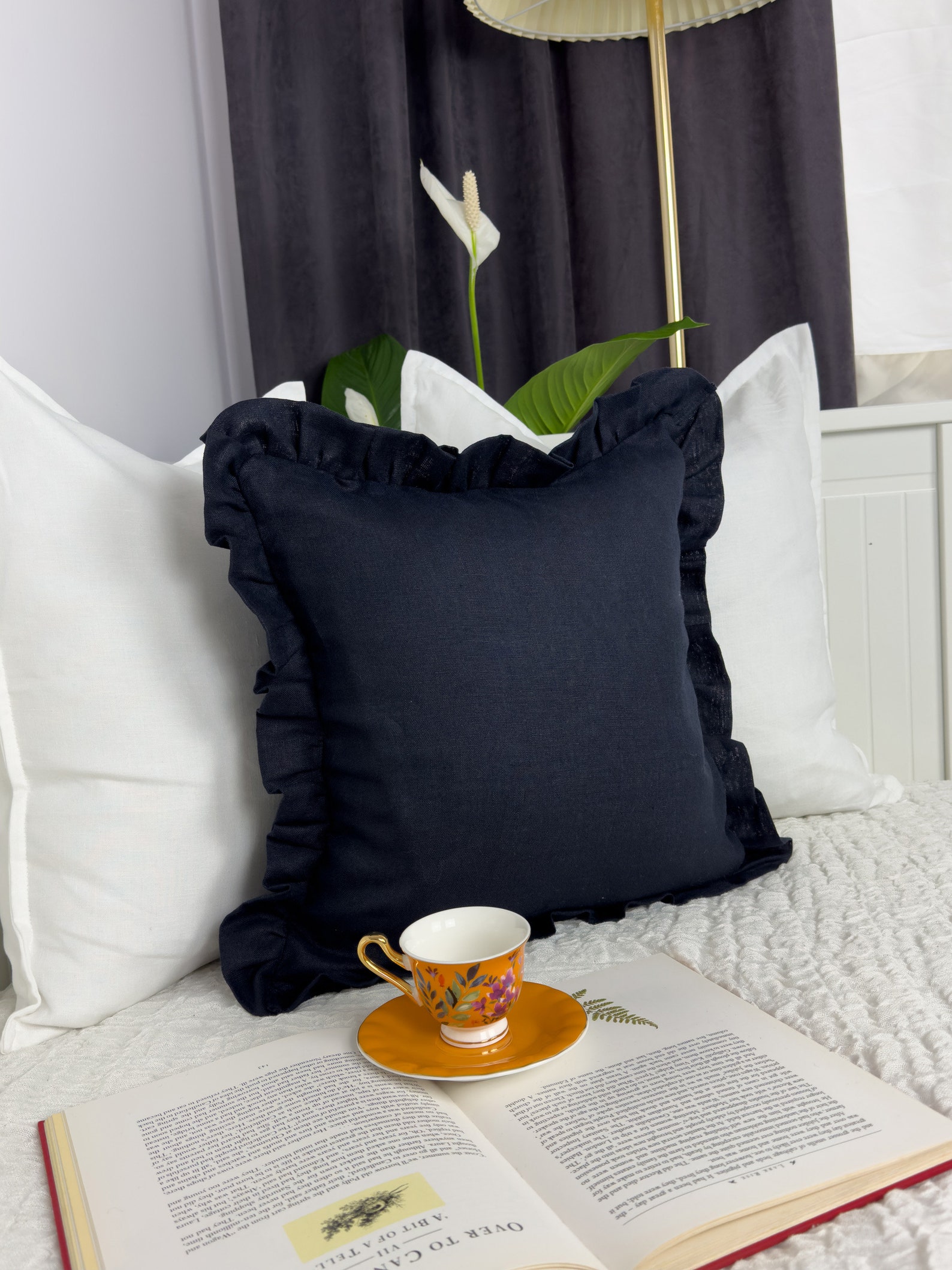Natural Linen Dark Blue Ruffle Pillow Cover Navy Blue Pillow for Home ...
