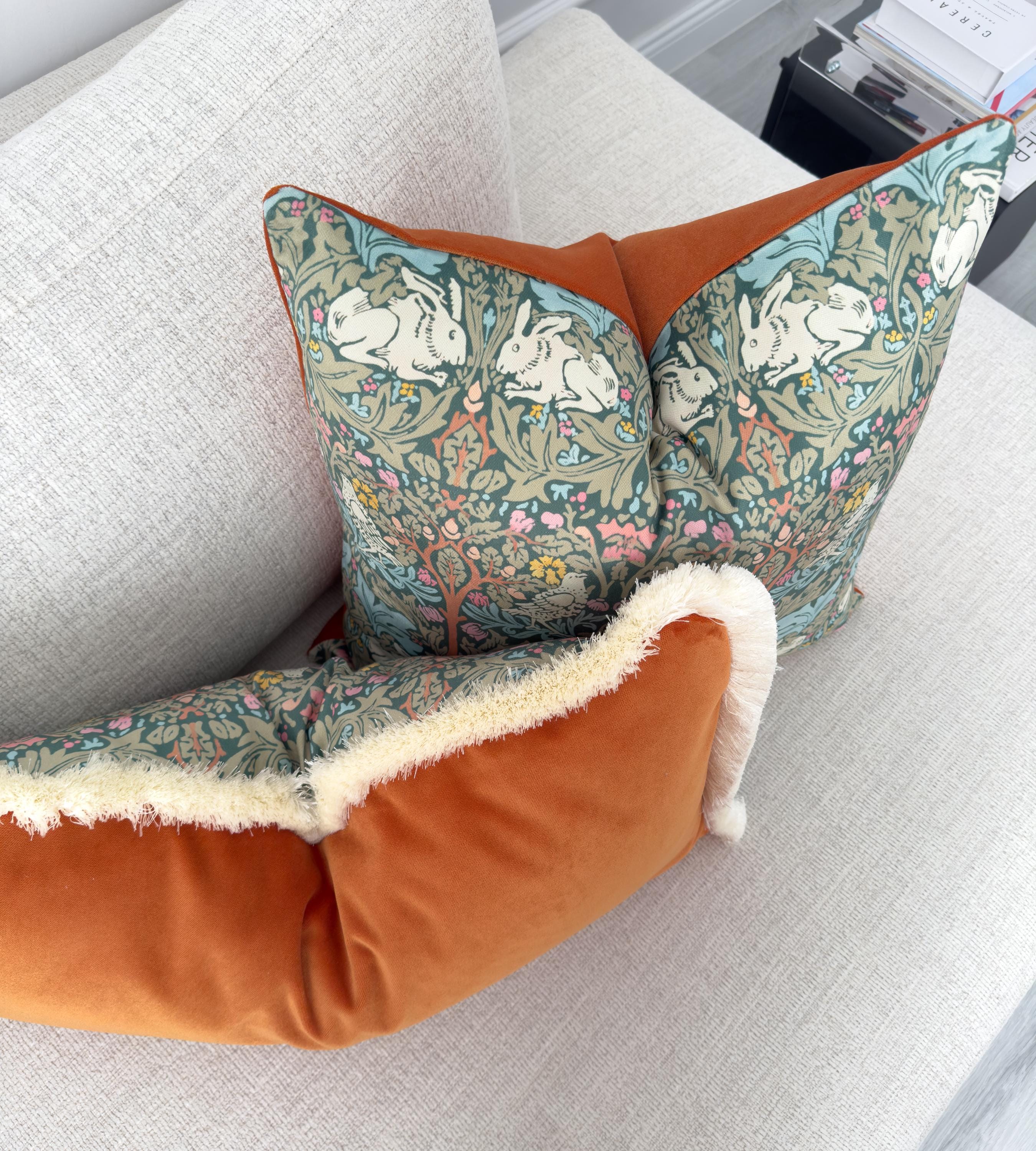 William Morris Brer Rabbit Velvet Lumbar Pillow Cover With Cream Fringe ...