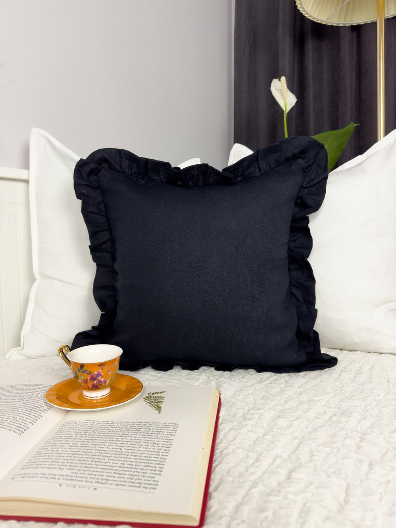 Natural Linen Dark Blue Ruffle Pillow Cover Navy Blue Pillow for Home ...