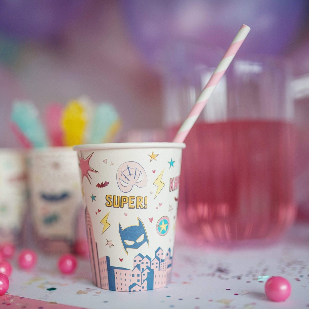Pink superhero cups, pink superhero birthday party, brthday partyware ...