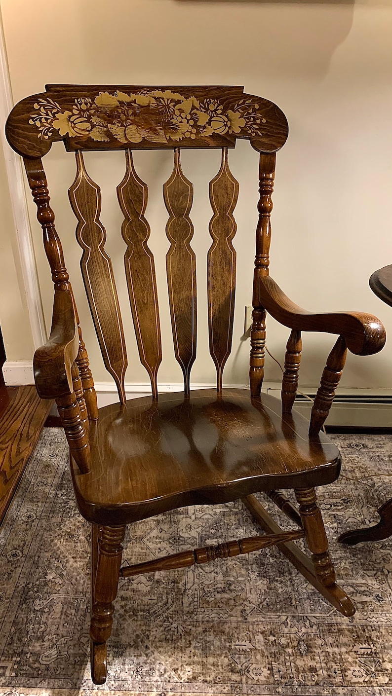 Vintage Large Wood Rocking Chair Yugoslavia 1982 Harvest Stencil ...