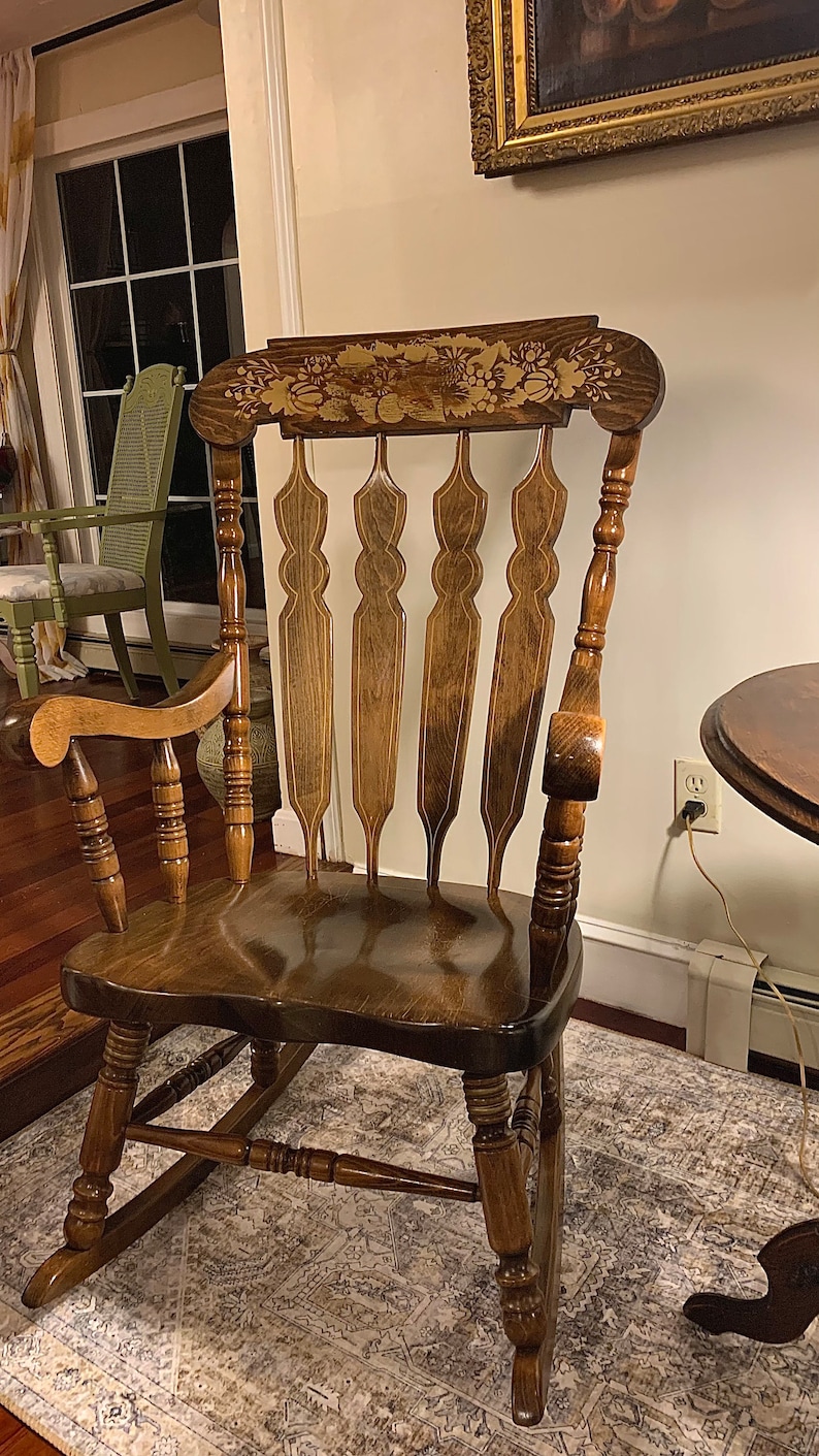 Vintage Large Wood Rocking Chair Yugoslavia 1982 Harvest Stencil ...