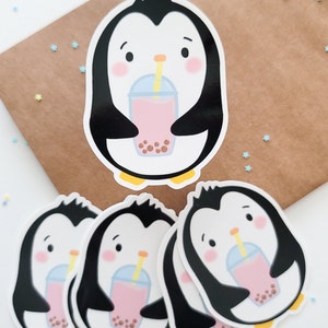 Penguin Drinking Boba Sticker | Cute Kawaii Penguin Bubble Tea Boba ...