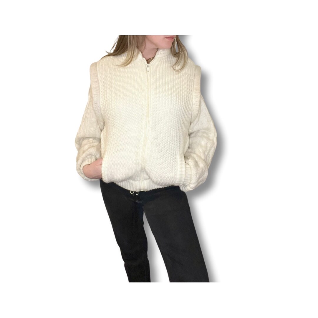 Vintage 70s Puff Sleeve Cable Knit Zip-up Bomber Knit Sweater Jacket ...