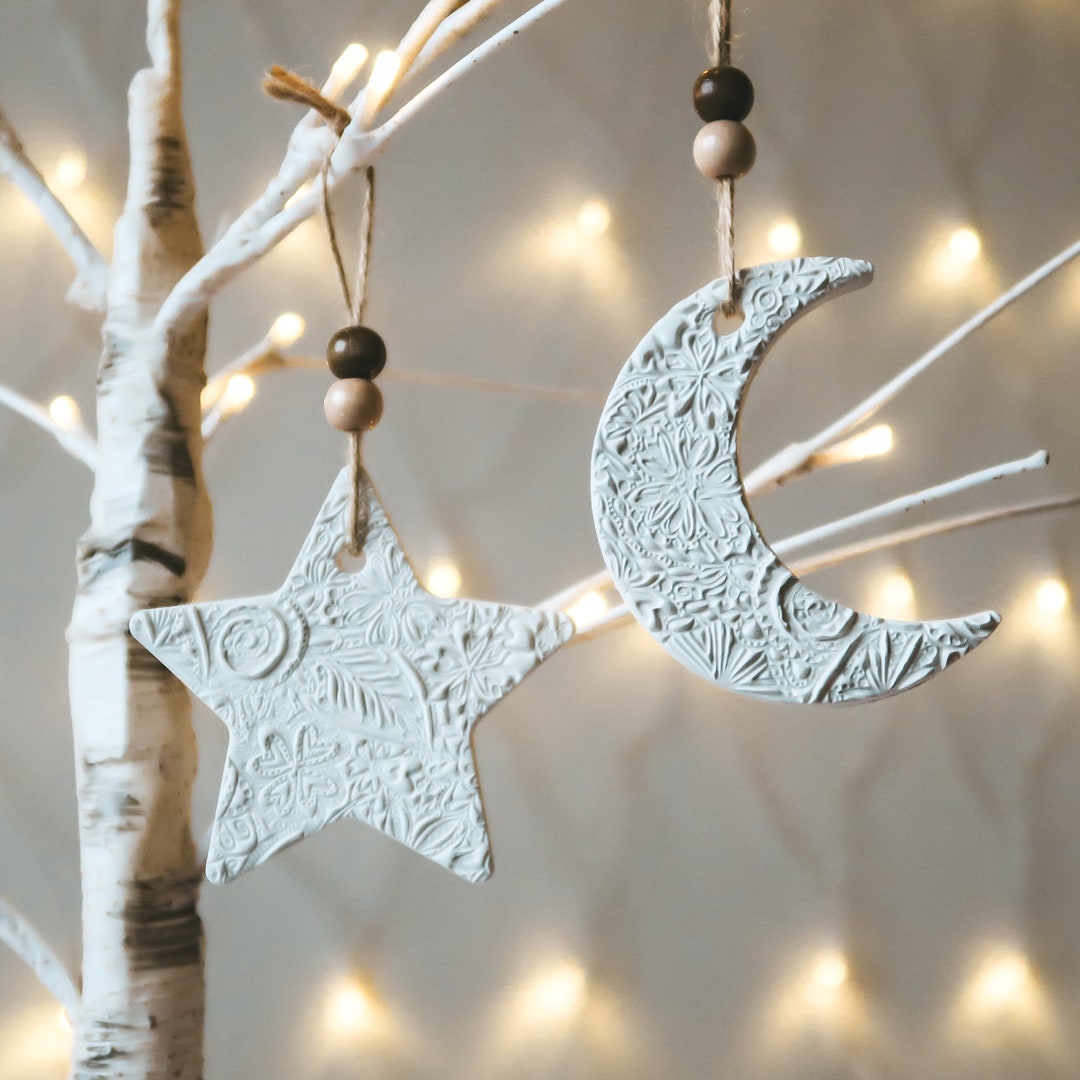 Large Hanging Star & Moon Set | Embossed Clay Decoration | Celestial ...
