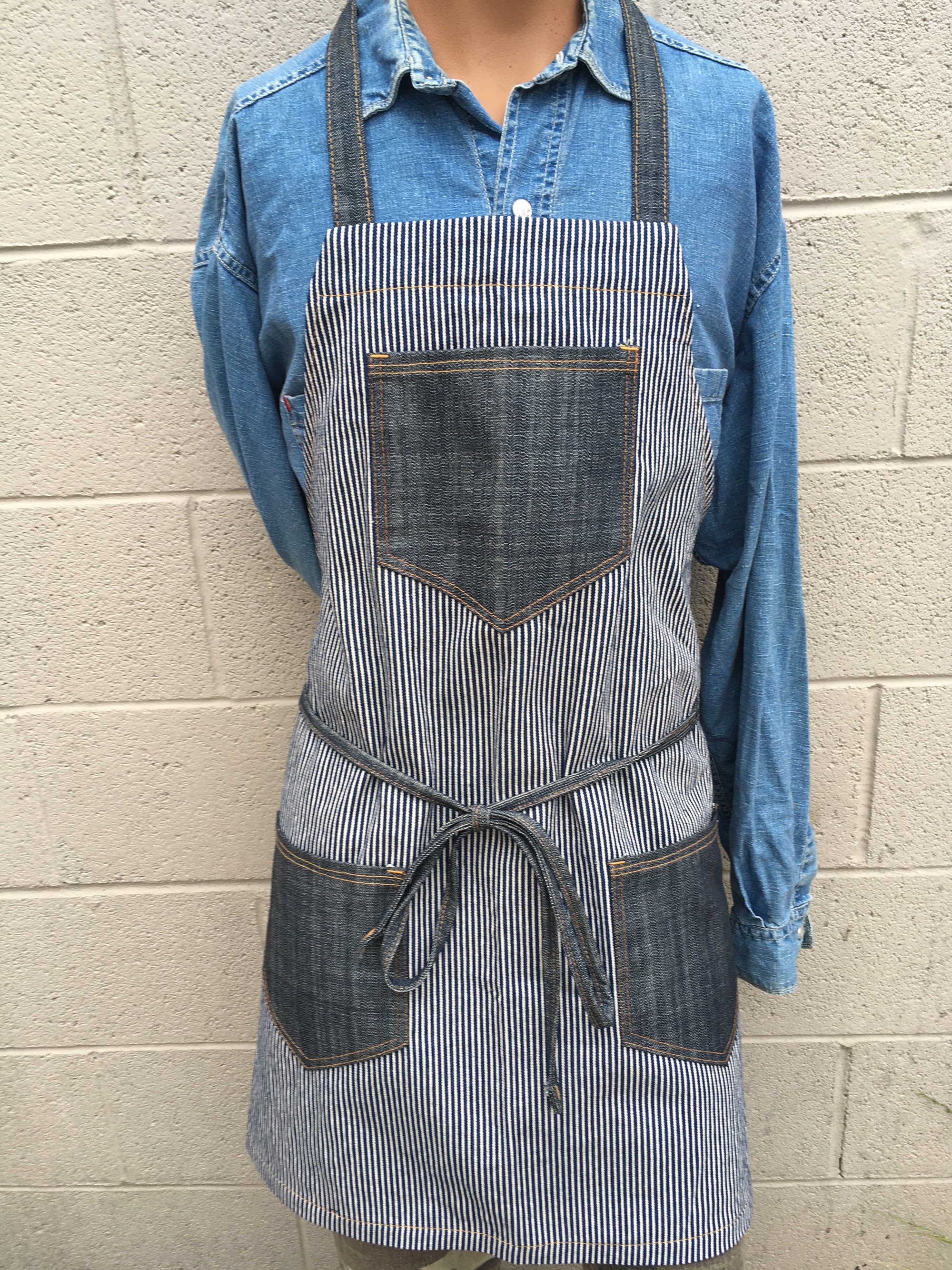 Full Denim Apron Railroad Stripe With Solid Pockets - Etsy