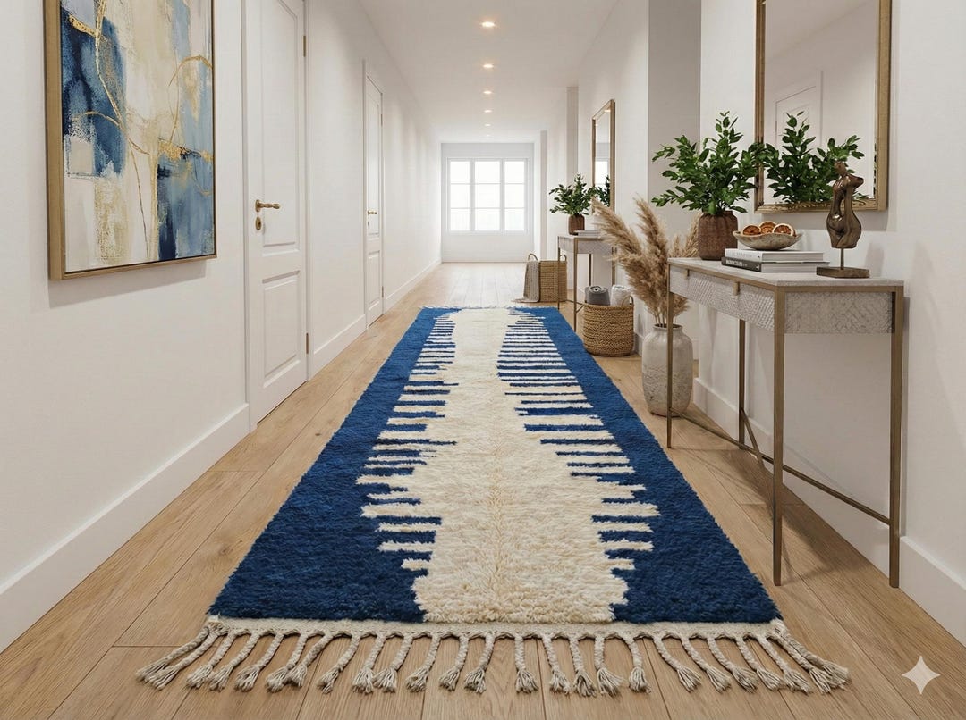 Blue White Wool Runner Rug 2x6, 2x7, 3x8 – Handmade Geometric Hallway ...