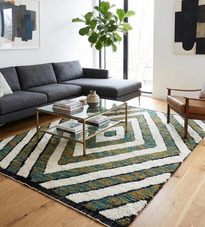 Moroccan Geometric Rug 5x8, 4x6, 3x5 – Handmade Berber Rug, White Blue ...